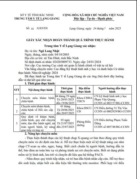 Giấy xác nhận hoàn thành quá trình thực hành, Ngô Long Nhật